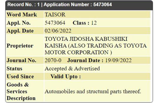 Toyota Taisor 商标正式在印度注册，或为全新 C-Segment SUV/MPV 车型，定位在 Innova 之下，据悉将在今年 ...